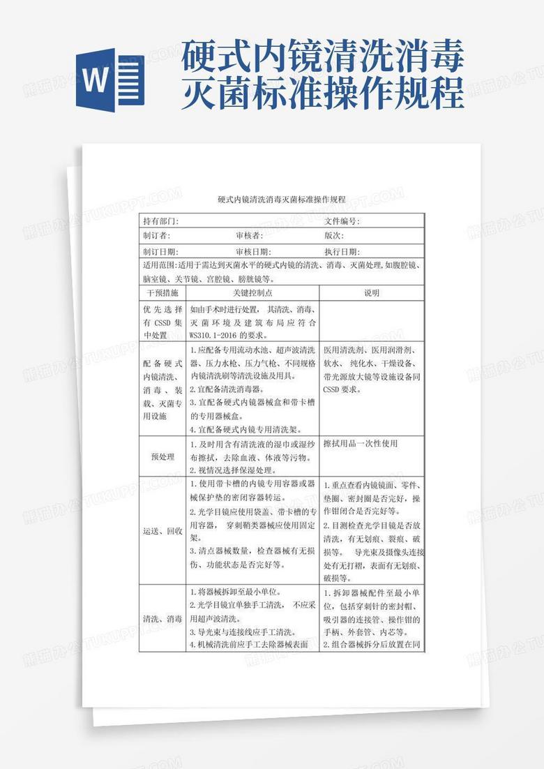 硬式内镜清洗消毒灭菌标准操作规程Word模板下载 编号qkmbodbk 熊猫办公