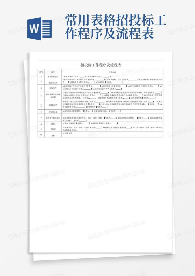 常用表格招投标工作程序及流程表Word模板下载 编号qndvnykd 熊猫办公