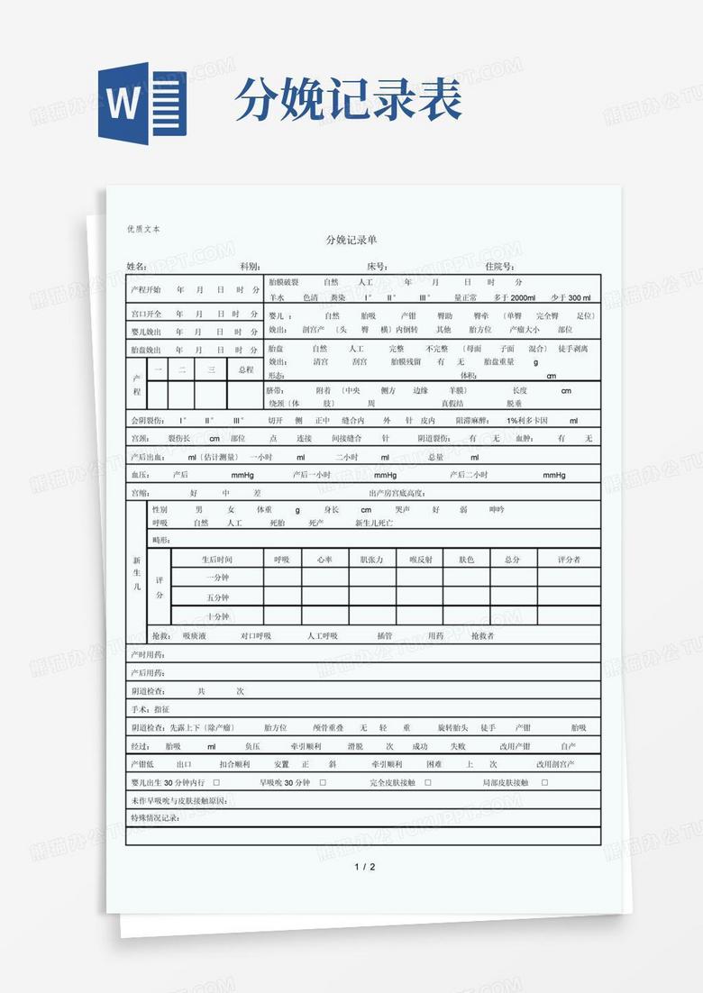 分娩记录表Word模板下载 编号lndgkdwd 熊猫办公