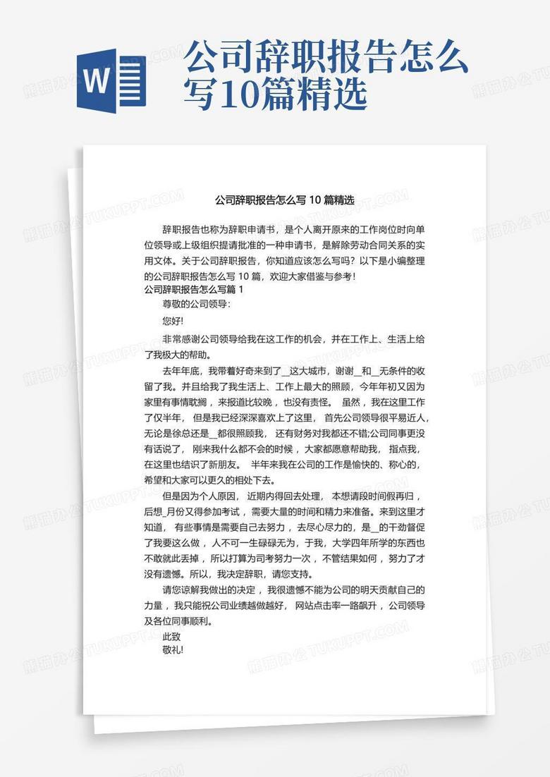 公司辞职报告怎么写10篇精选 Word模板下载 编号lkmpyppx 熊猫办公