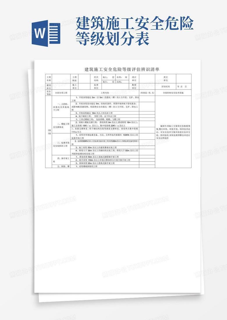 建筑施工安全危险等级划分表Word模板下载 编号lndroroo 熊猫办公