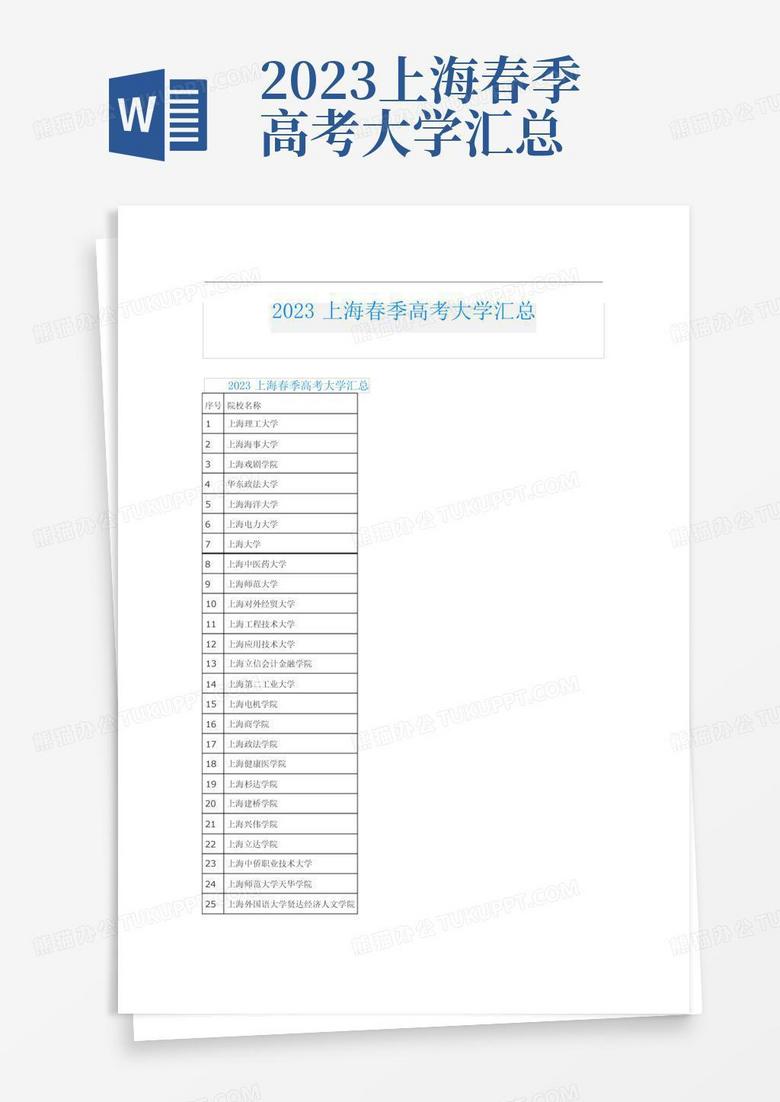 2023上海春季高考大学汇总Word模板下载 编号layxywoj 熊猫办公