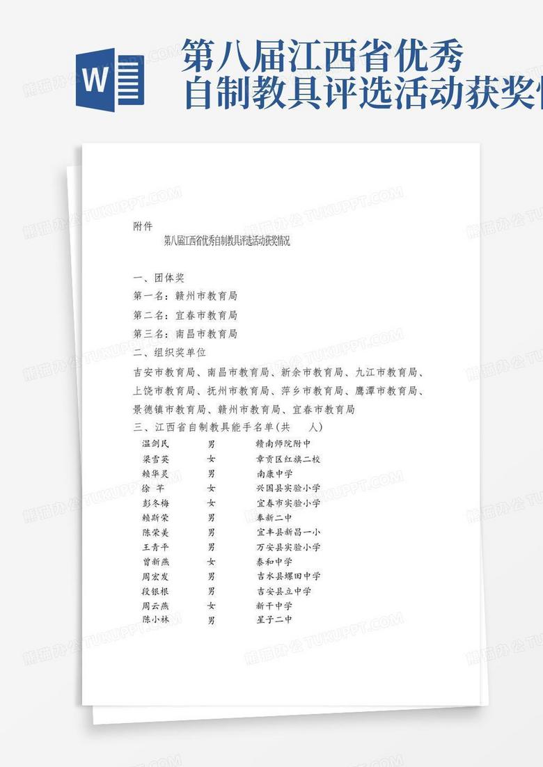 第八届江西省优秀自制教具评选活动获奖情况Word模板下载 编号qxgwvjbk 熊猫办公