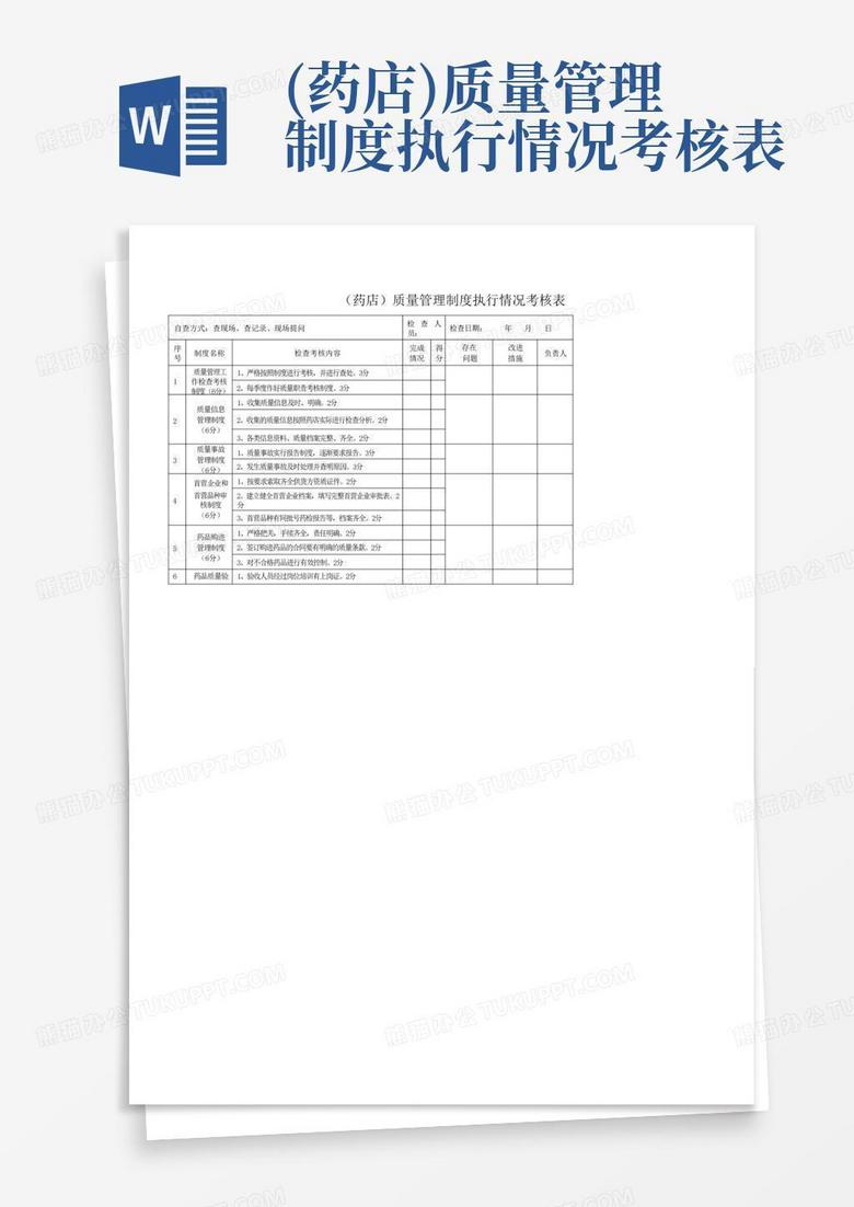 药店 质量管理制度执行情况考核表Word模板下载 编号qmzmwkpz 熊猫办公