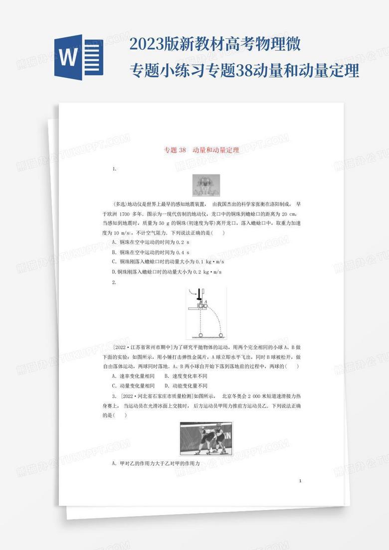 2023版新教材高考物理微专题小练习专题38动量和动量定理Word模板下载 编号laywvjaj 熊猫办公
