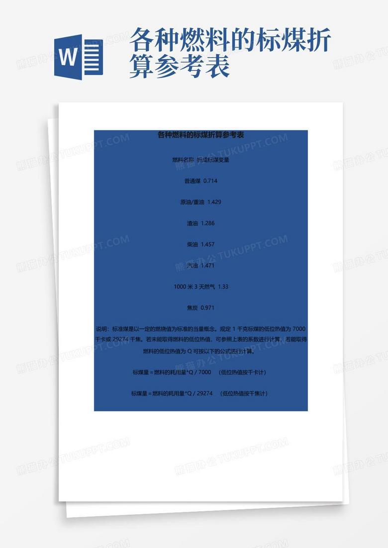 各种燃料的标煤折算参考表Word模板下载 编号lmznjgwo 熊猫办公