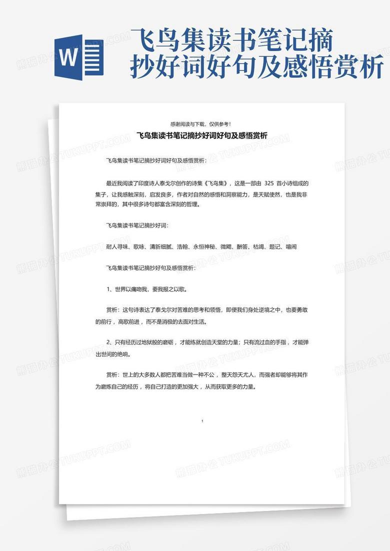 飞鸟集读书笔记摘抄好词好句及感悟赏析Word模板下载 编号qvgveeaw 熊猫办公