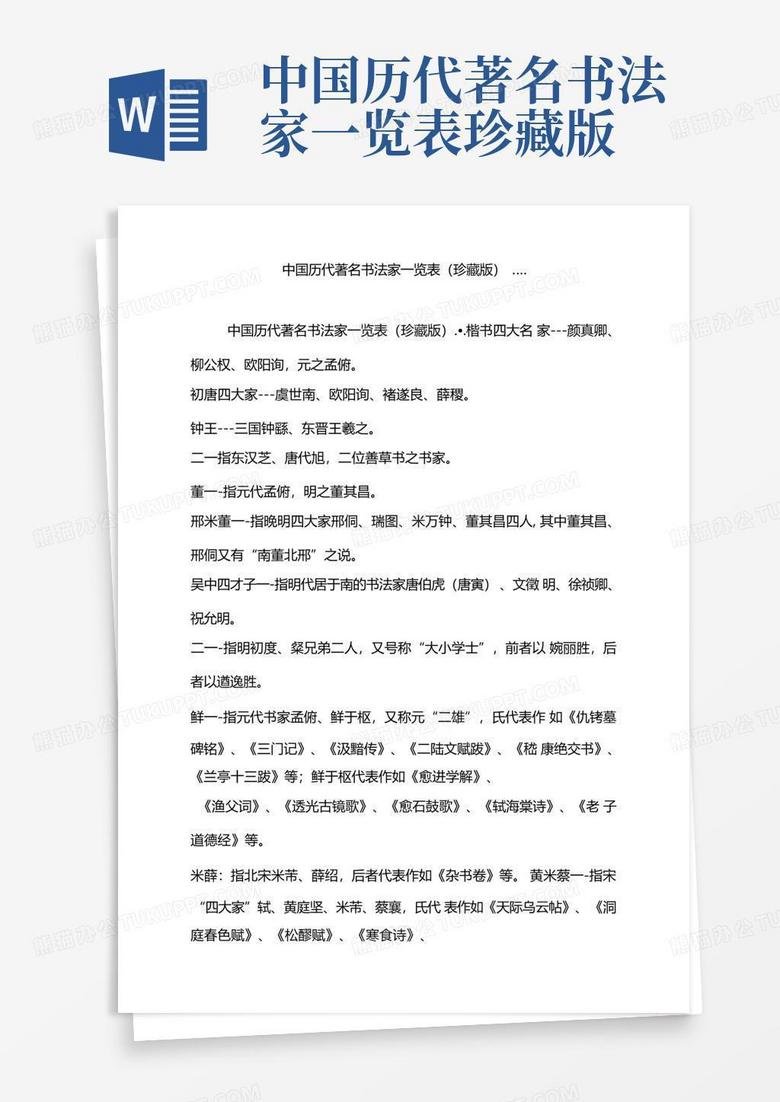 中国历代著名书法家一览表 珍藏版Word模板下载 编号qwgjpnyk 熊猫办公