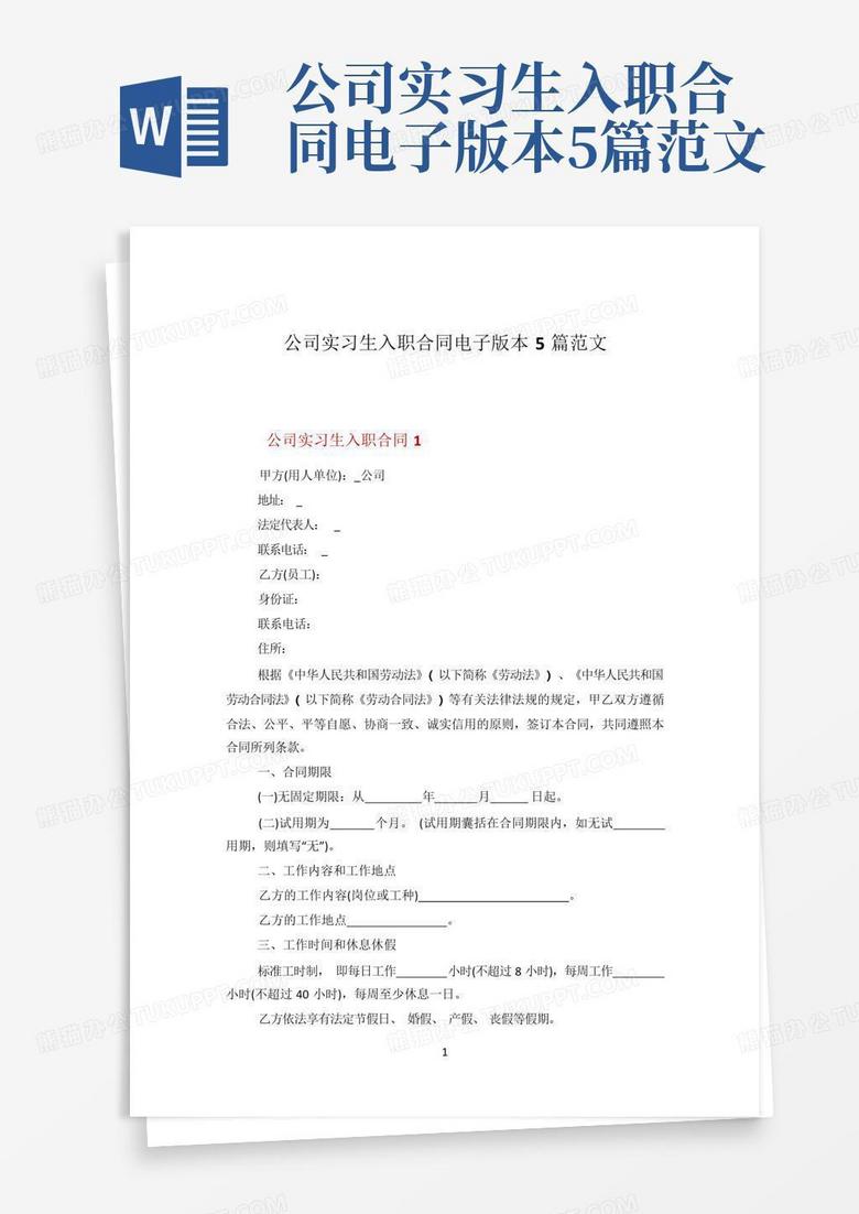 公司实习生入职合同电子版本5篇范文Word模板下载 编号lkmmedka 熊猫办公