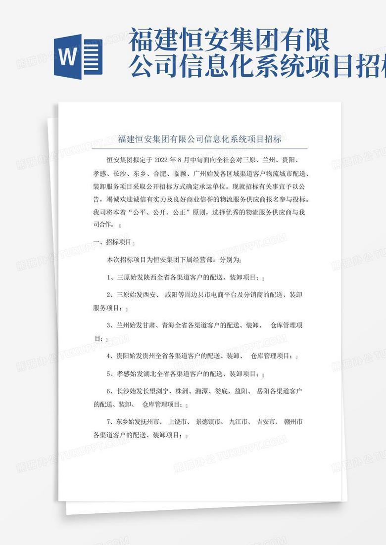 福建恒安集团有限公司信息化系统项目招标Word模板下载 编号qrbxwamp 熊猫办公