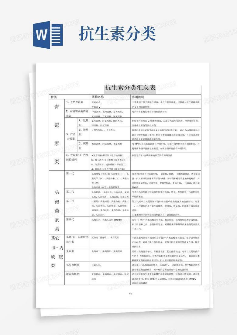 抗生素分类Word模板下载 编号qaydydev 熊猫办公