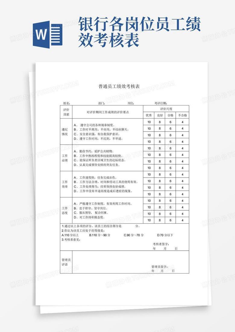 银行各岗位员工绩效考核表Word模板下载 编号lkawomva 熊猫办公