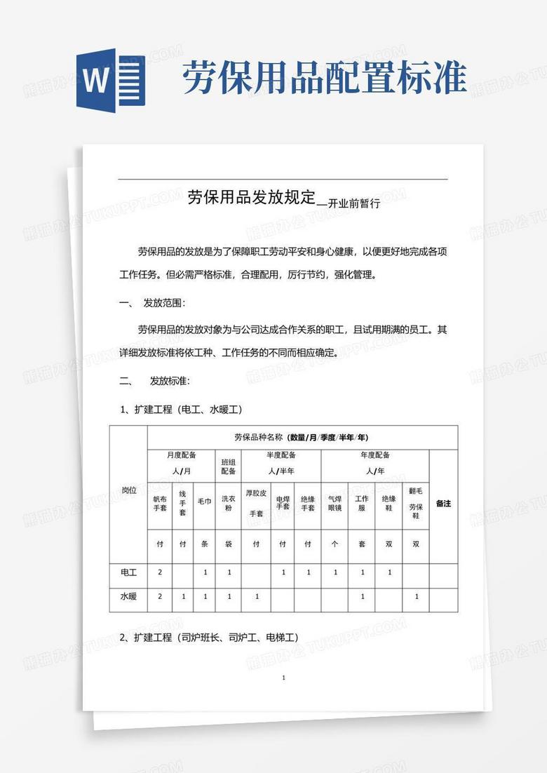 劳保用品配置标准Word模板下载 编号lookydgd 熊猫办公