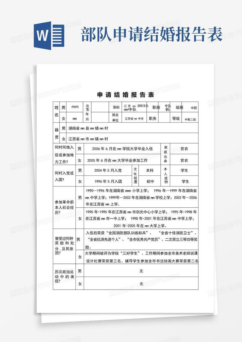 部队申请结婚报告表Word模板下载 编号qxmdrxrz 熊猫办公
