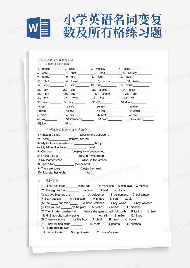 小学英语名词变复数及所有格练习题Word模板下载 编号qgdpyymb 熊猫办公