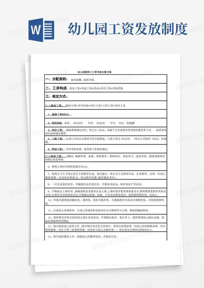 幼儿园教师工资考核制度及工资表Word模板下载 熊猫办公