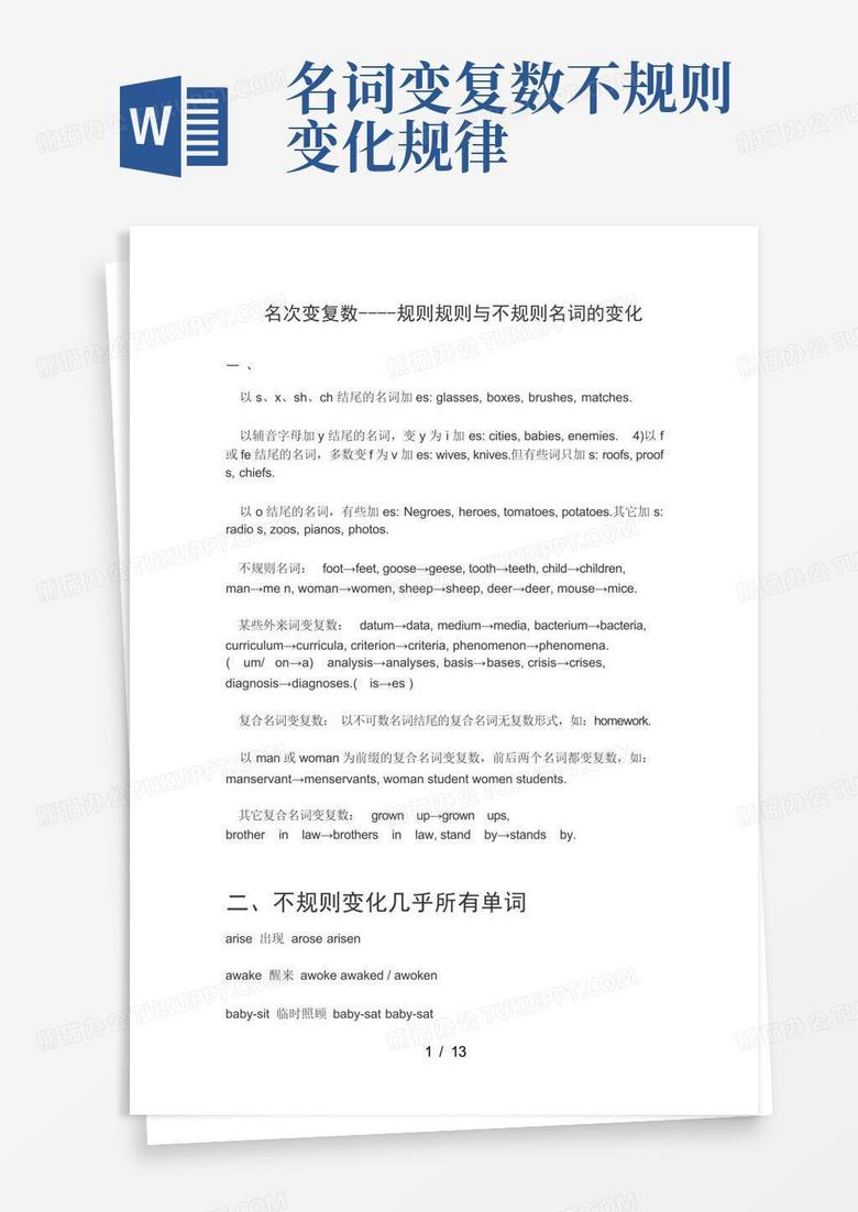 名词变复数不规则变化规律Word模板下载 编号ldyjvrrx 熊猫办公