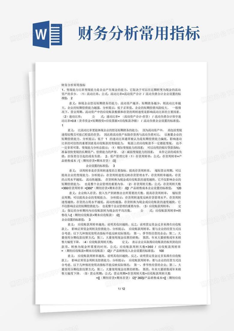 财务分析常用指标Word模板下载 编号lgyzgarm 熊猫办公