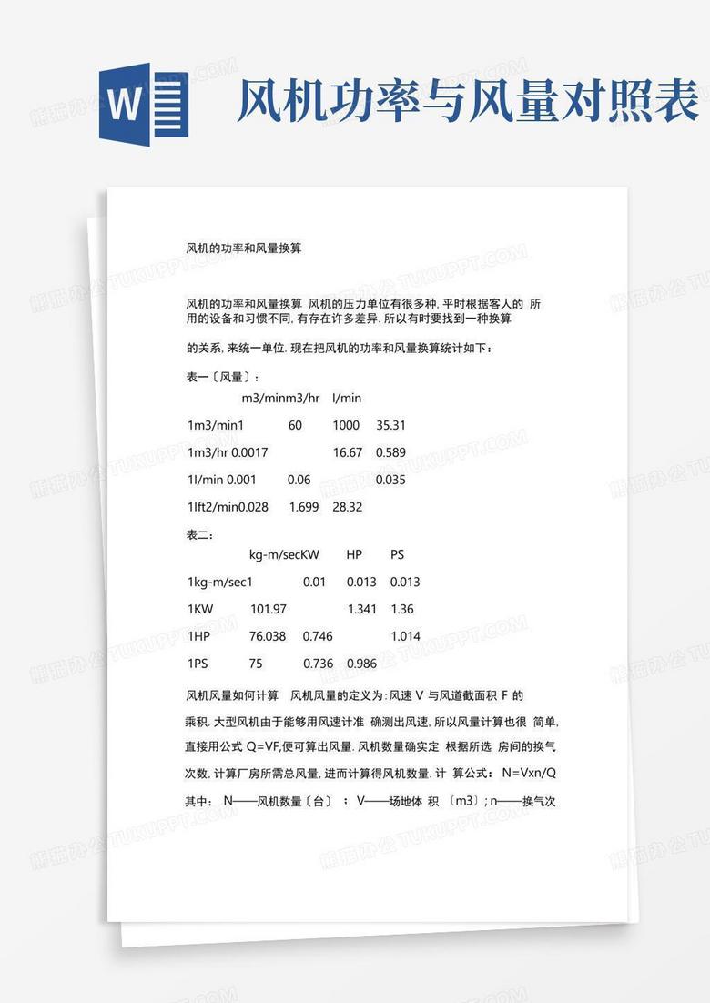 风机功率与风量对照表Word模板下载 编号qpkyyaaz 熊猫办公