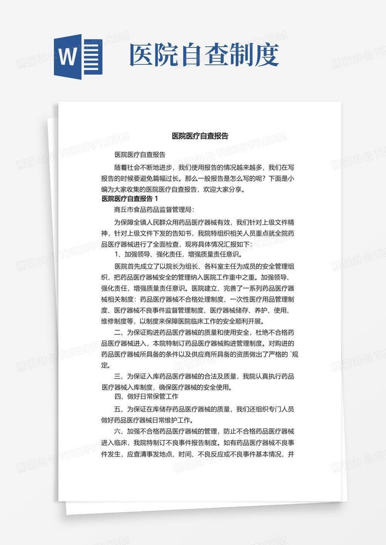 医院医疗自查报告Word模板下载 熊猫办公