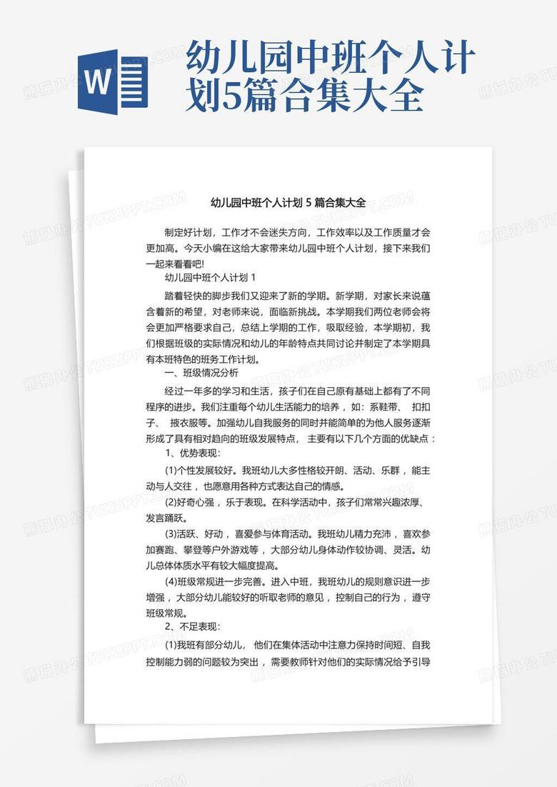 幼儿园中班个人计划5篇合集大全 Word模板下载 编号lmzgrmgp 熊猫办公