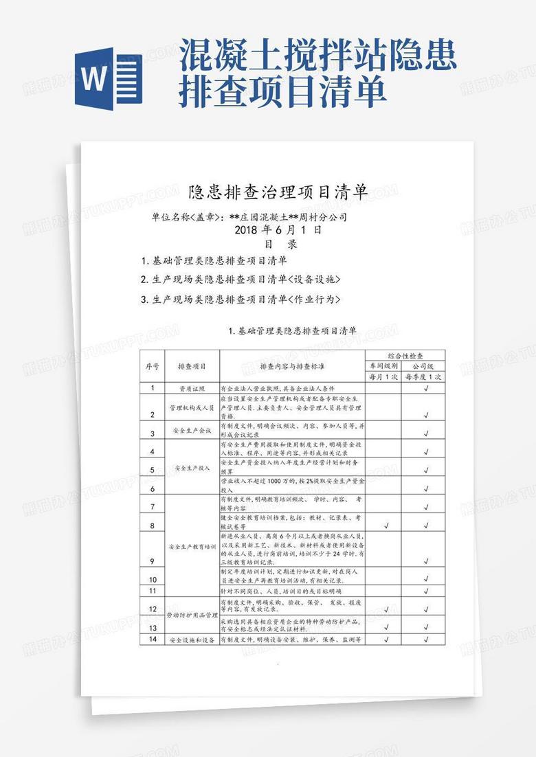 混凝土搅拌站隐患排查项目清单Word模板下载 编号layoxbwj 熊猫办公