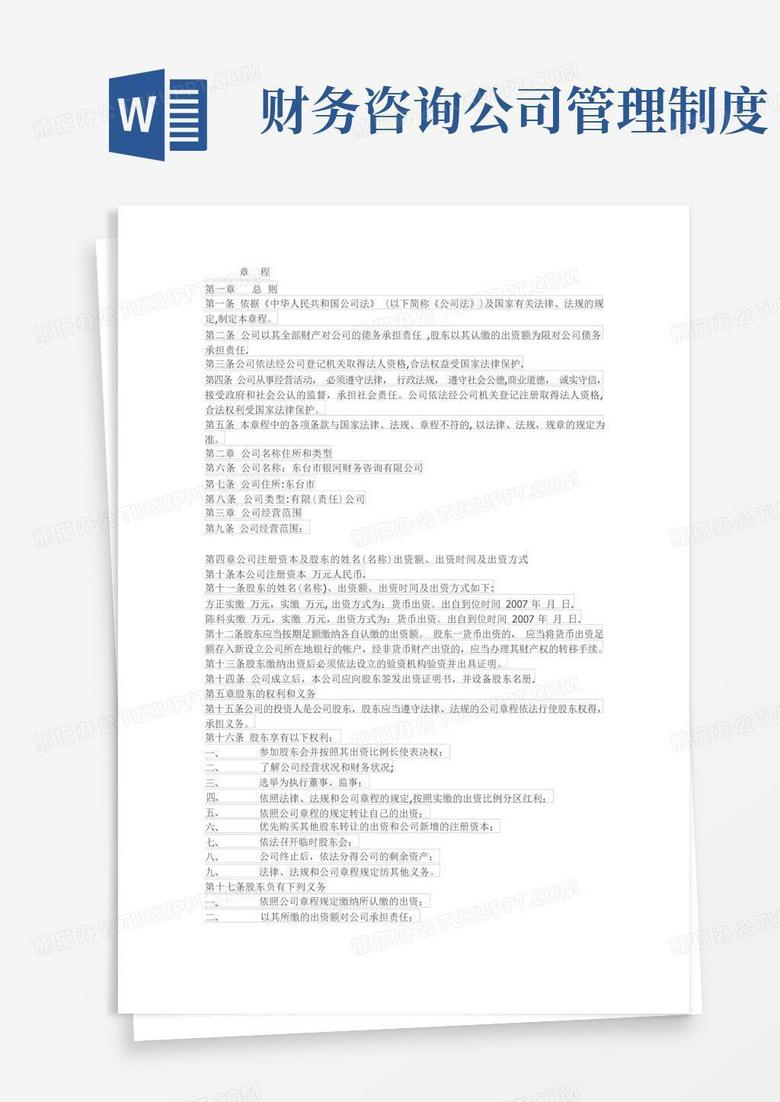 财务咨询有限公司章程Word模板下载 编号lapodjaq 熊猫办公