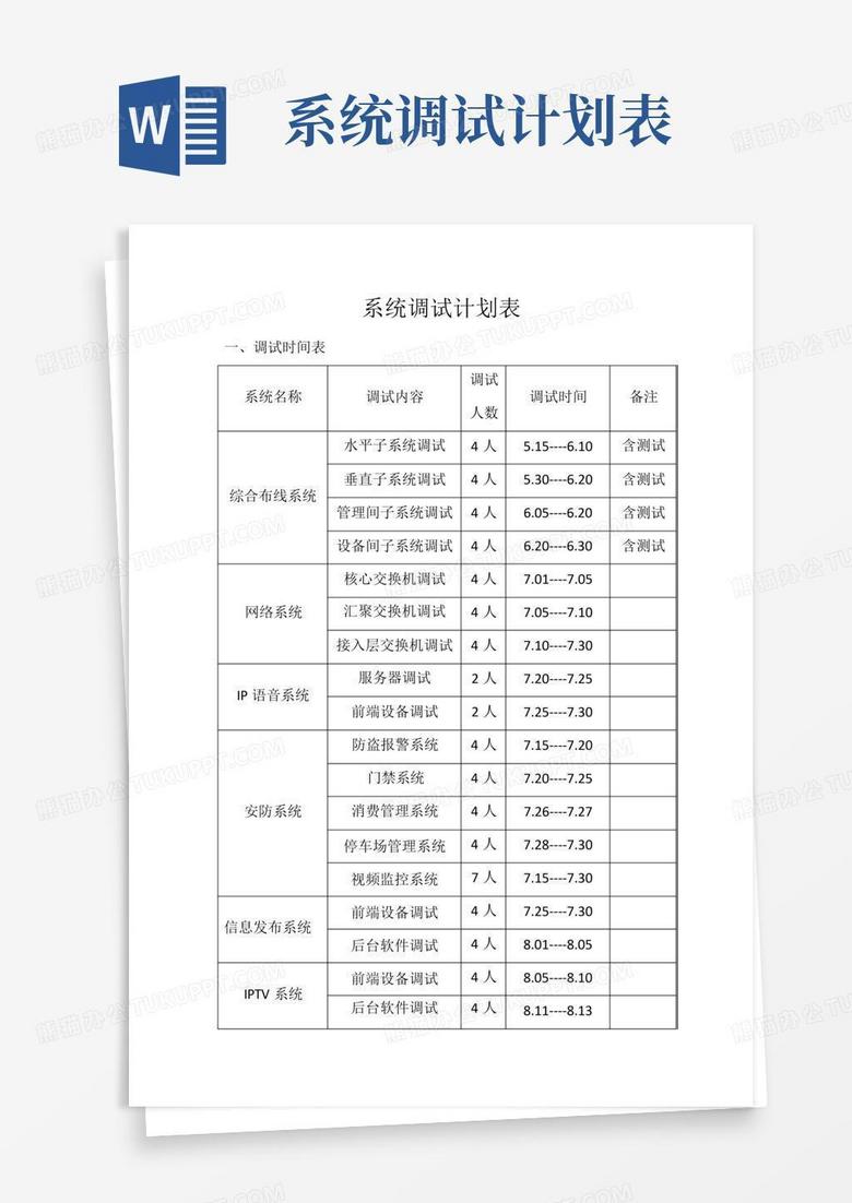 系统调试计划表Word模板下载 编号lbymwagz 熊猫办公