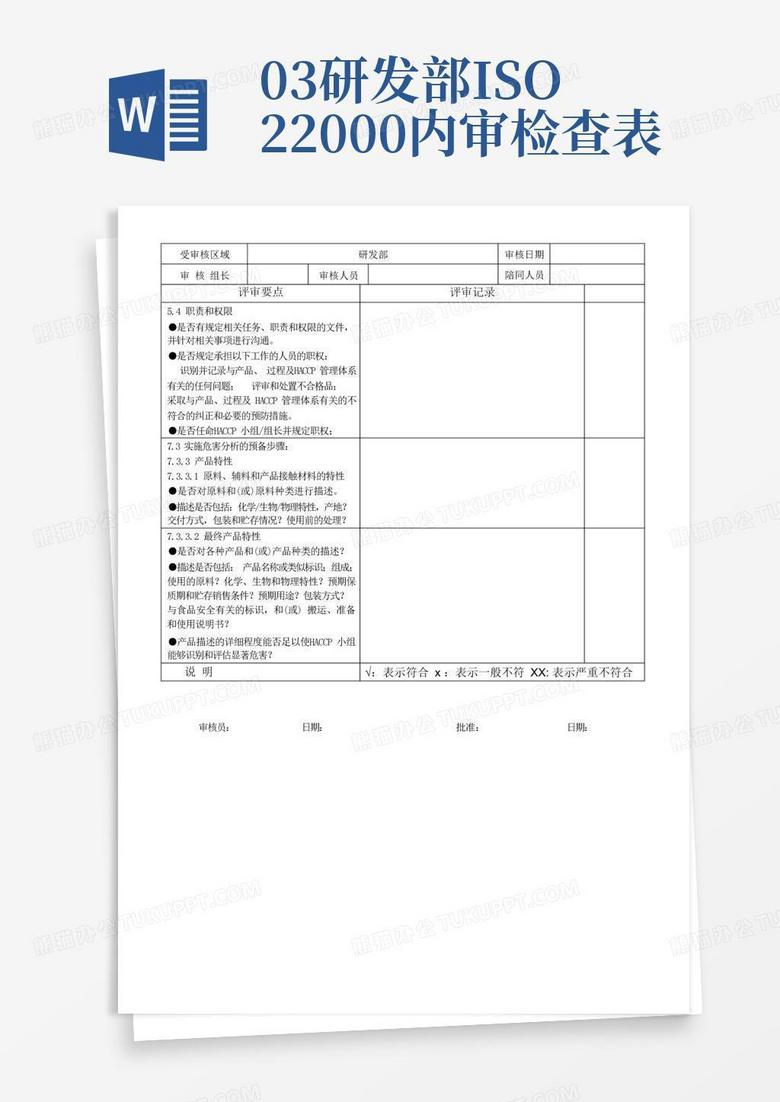 03 研发部iso22000内审检查表Word模板下载 编号lrbavamv 熊猫办公
