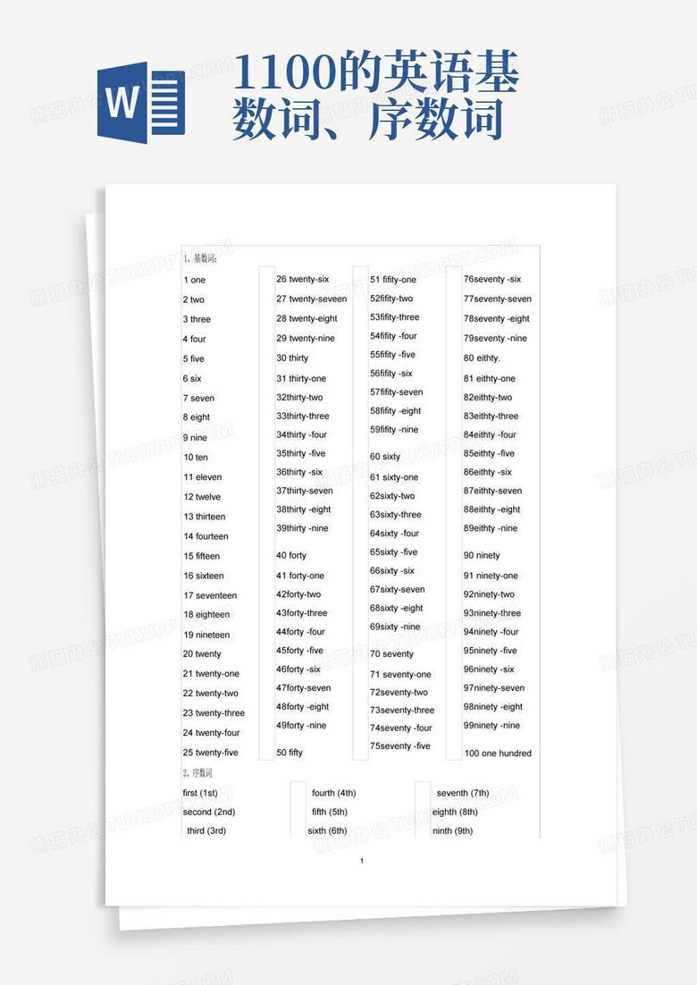 1 100的英语基数词序数词Word模板下载 编号qjjrbwna 熊猫办公