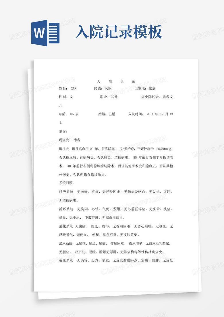 入院记录Word模板下载 编号lxmrjbzg 熊猫办公