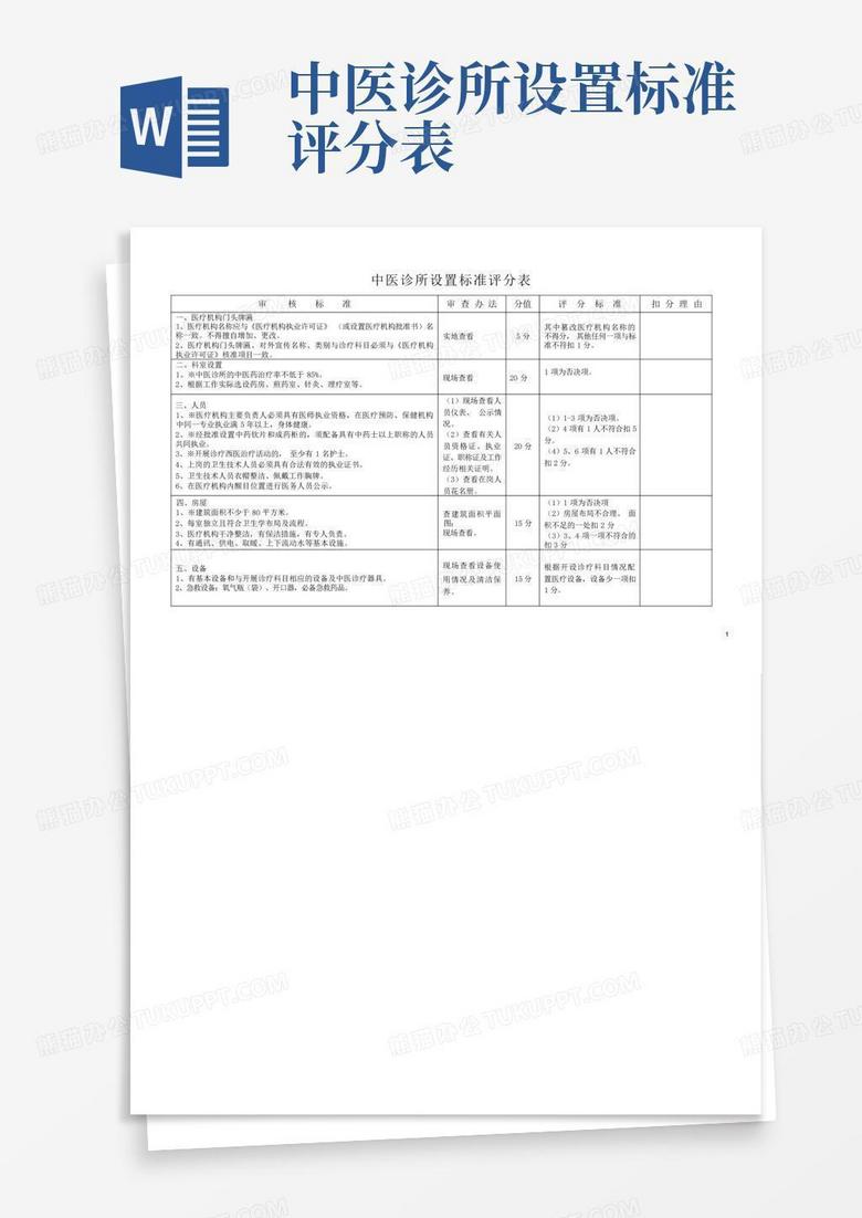 中医诊所设置标准评分表Word模板下载 编号lbrzrdbb 熊猫办公