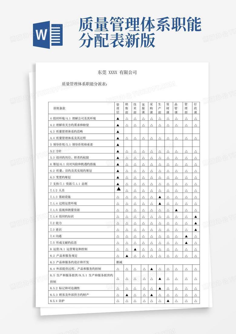 质量管理体系职能分配表新版Word模板下载 编号leokoewp 熊猫办公
