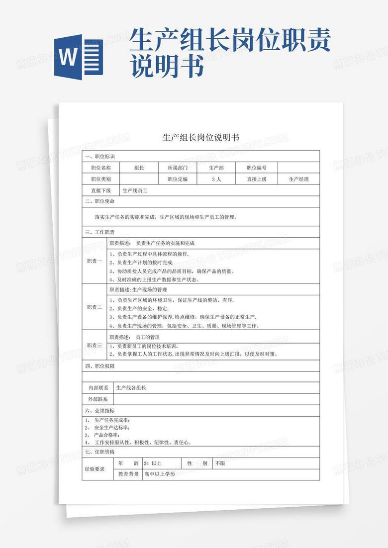 生产组长岗位职责说明书Word模板下载 编号qdmkvzjk 熊猫办公
