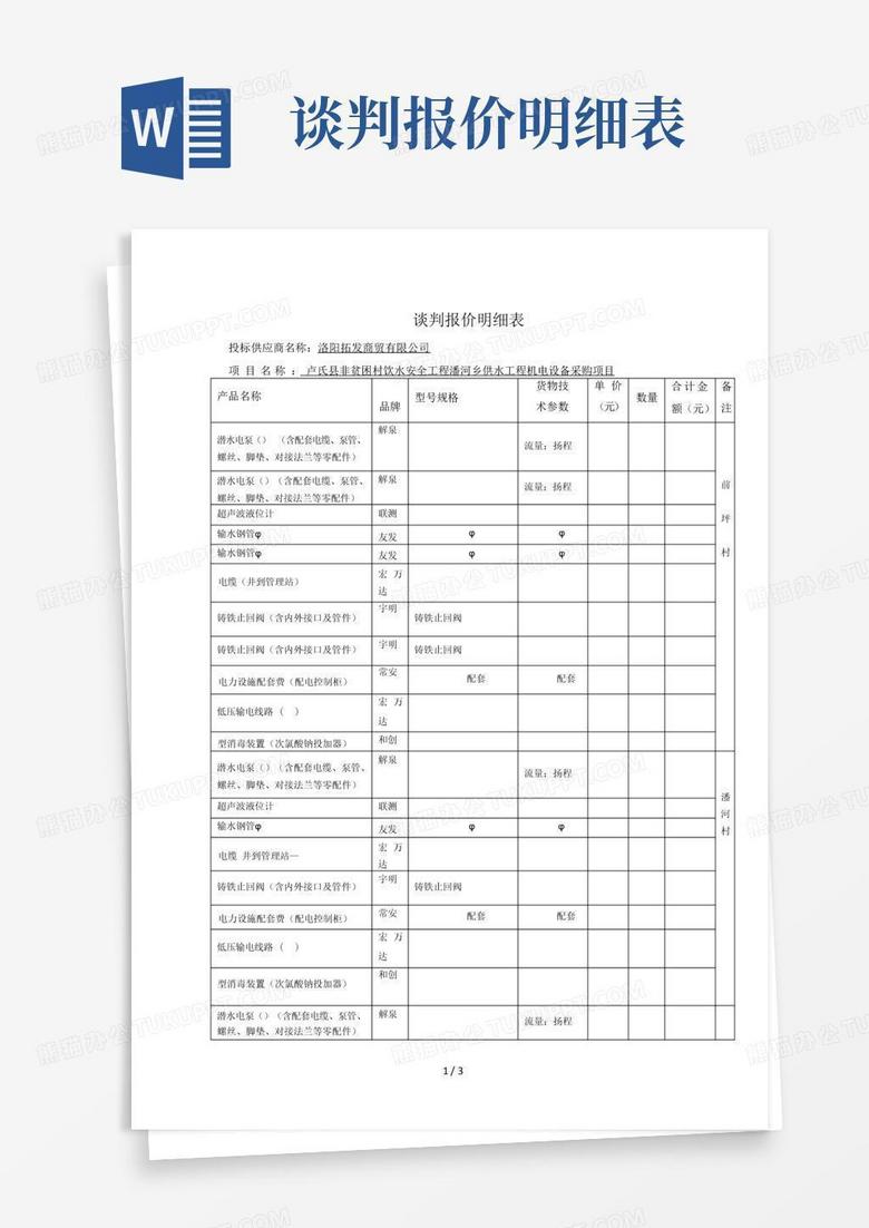 谈判报价明细表Word模板下载 编号lgdjrdbd 熊猫办公