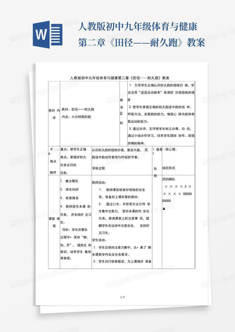 人教版初中九年级体育与健康第二章田径耐久跑教案Word模板下载 编号lpzwbknm 熊猫办公