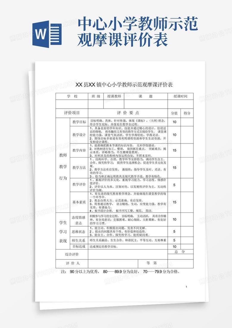 中心小学教师示范观摩课评价表Word模板下载 编号lpzwrrwg 熊猫办公