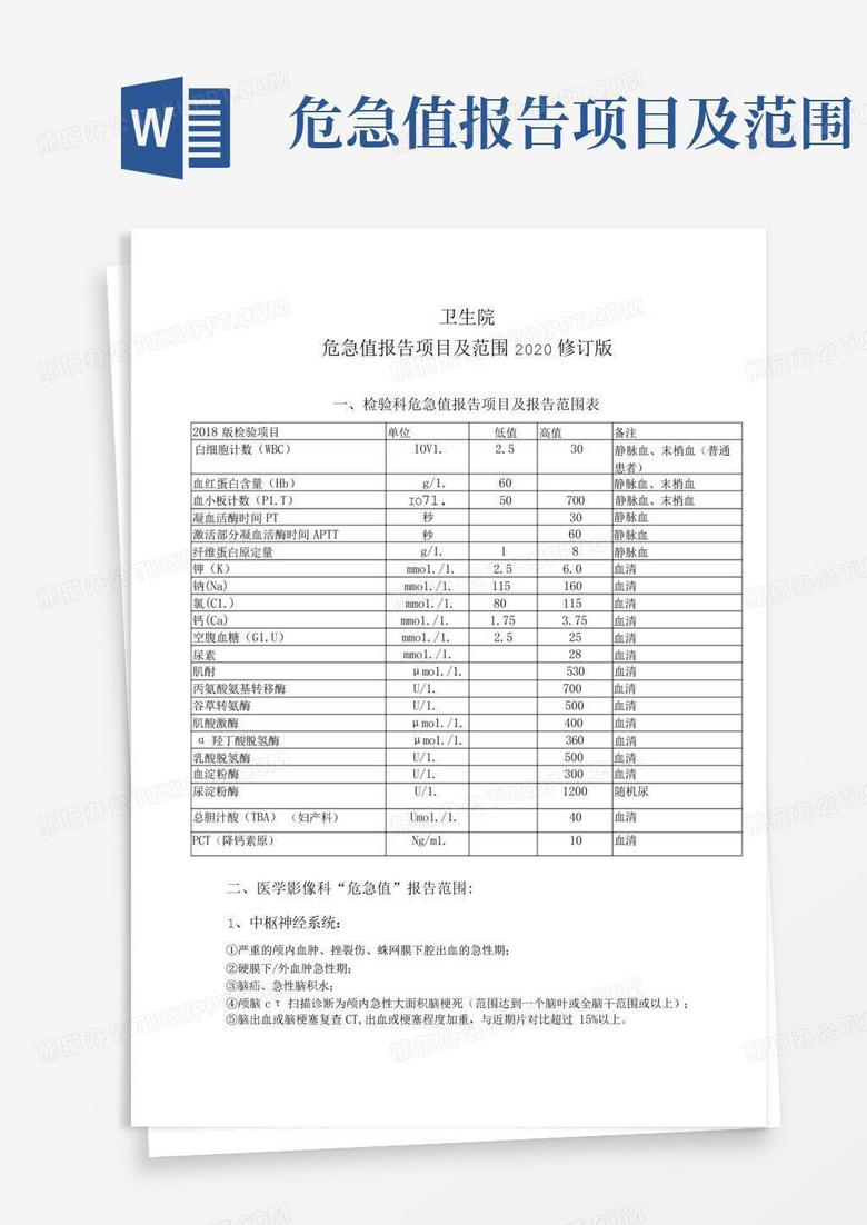 危急值报告项目及范围Word模板下载 编号qpzdmadm 熊猫办公