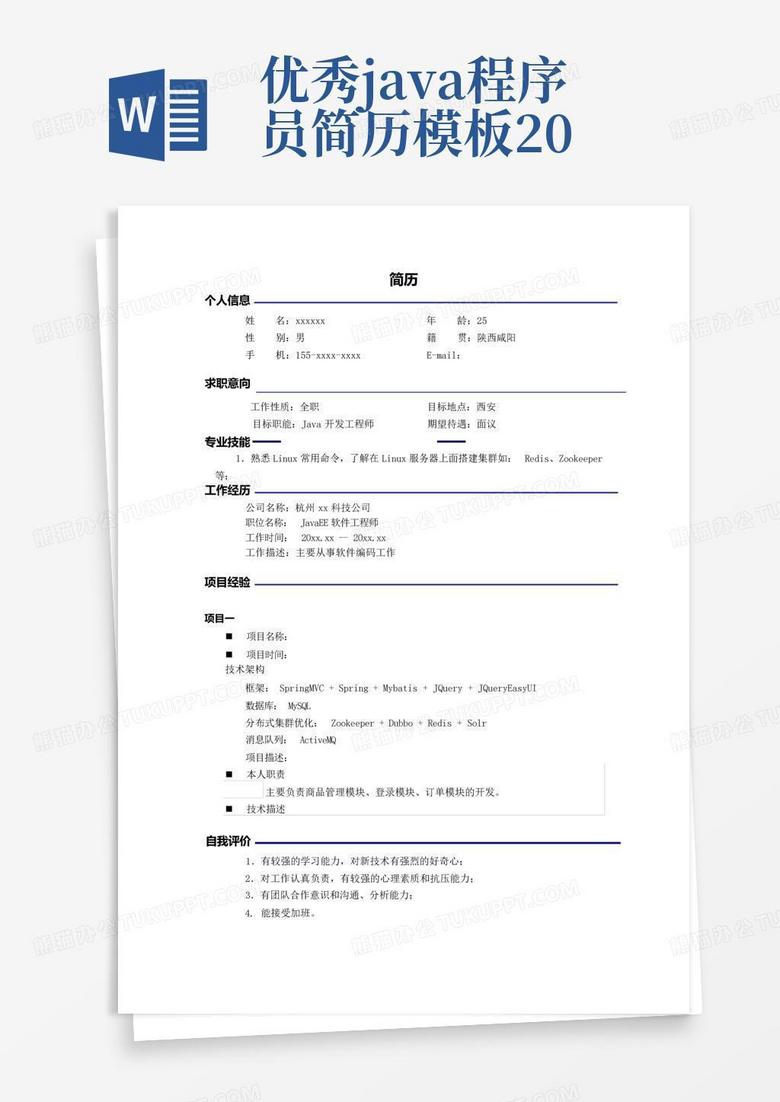 优秀java程序员简历20Word模板下载 编号lvrgzzea 熊猫办公