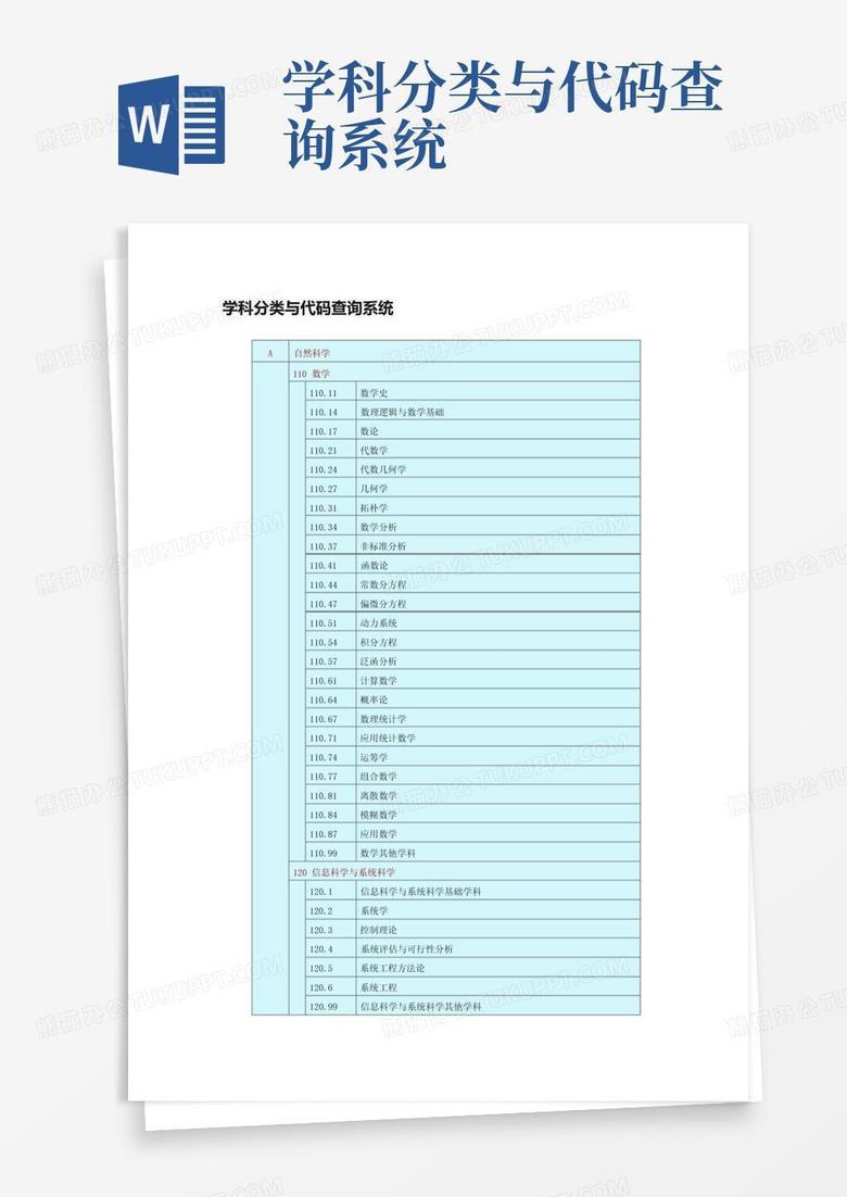 学科分类与代码查询系统Word模板下载 编号qjxjdbaw 熊猫办公