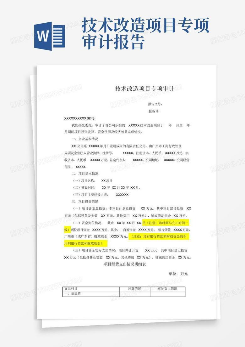 技术改造项目专项审计报告Word模板下载 编号qxmbdwgp 熊猫办公