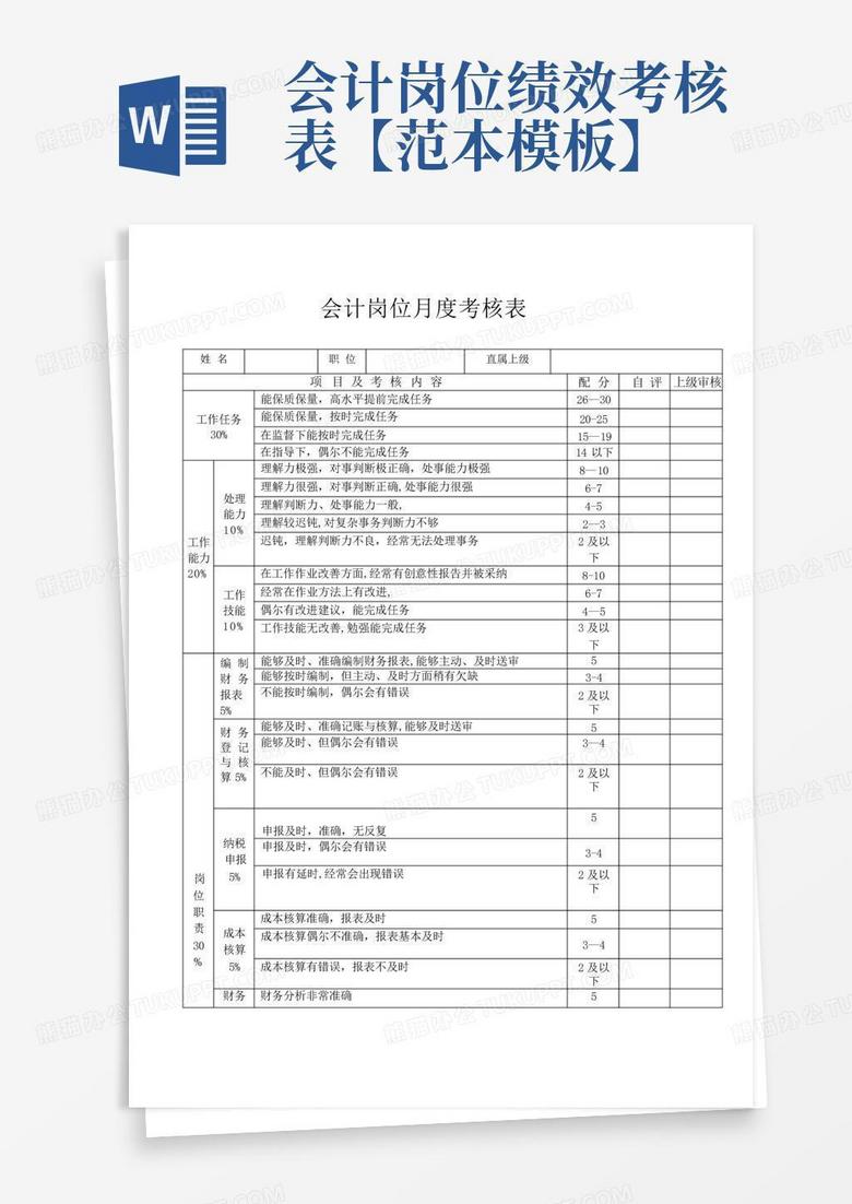 会计岗位绩效考核表范本Word模板下载 编号qpzyvamd 熊猫办公