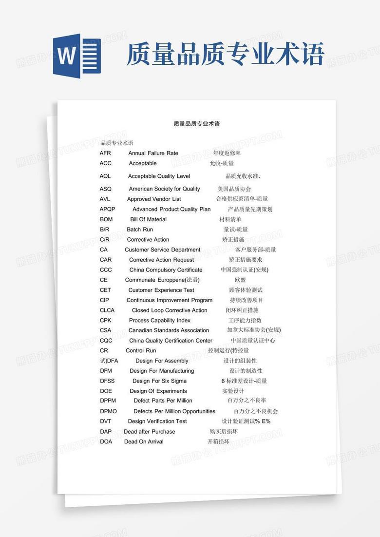 质量品质专业术语Word模板下载 编号qzzxmzje 熊猫办公