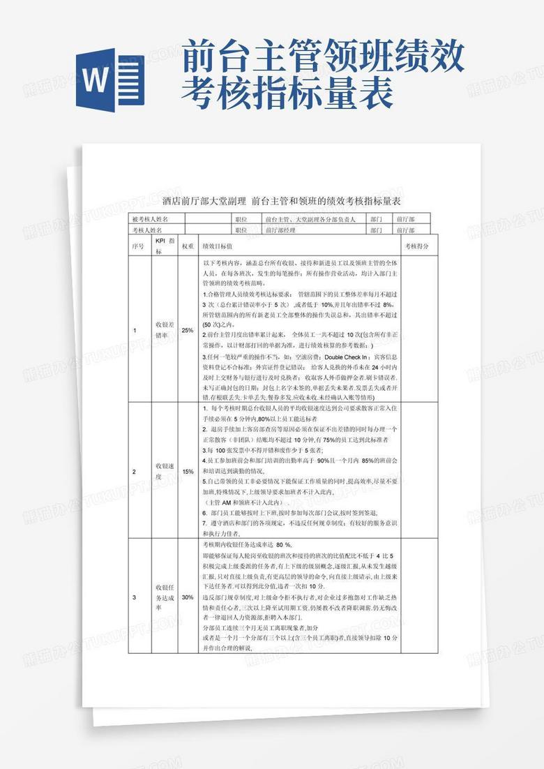 前台主管领班绩效考核指标量表Word模板下载 编号lnmkodzy 熊猫办公