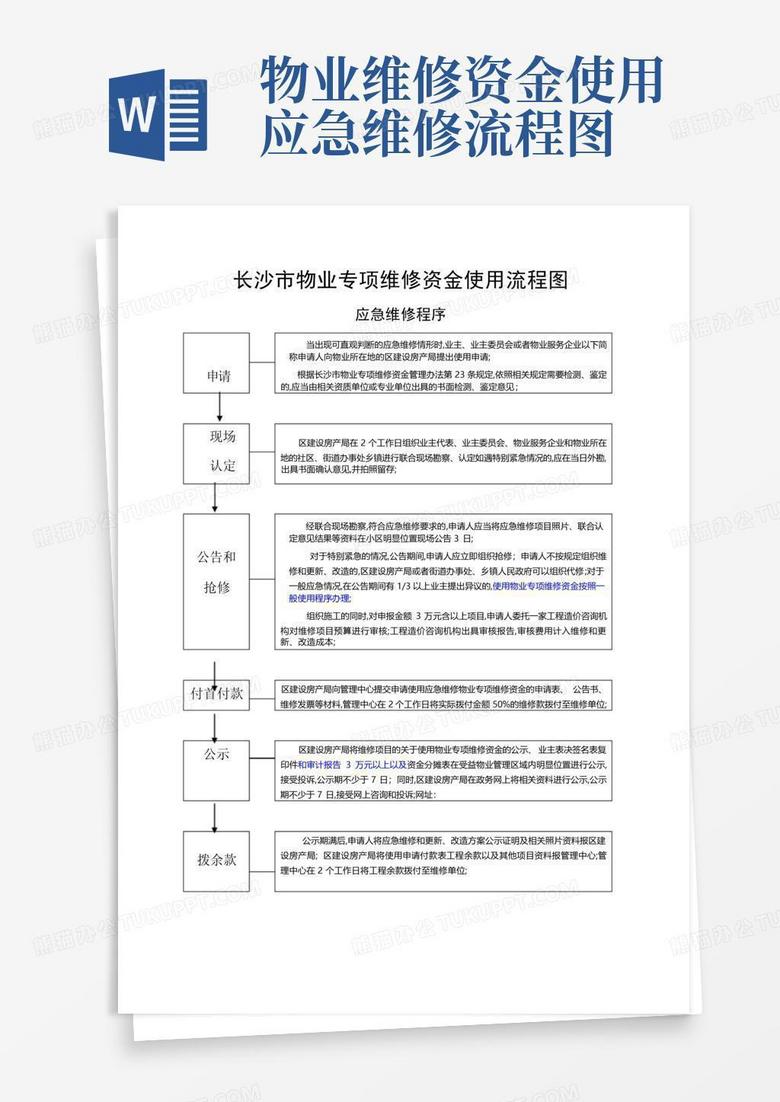 物业维修资金使用应急维修流程图Word模板下载 编号qxmbyzen 熊猫办公