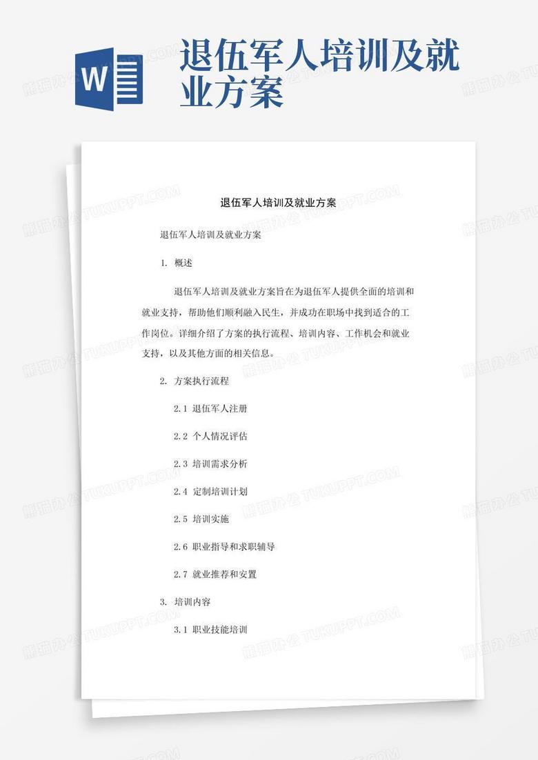 退伍军人培训及就业方案Word模板下载 编号lgenvobe 熊猫办公