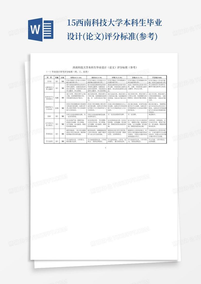 15 西南科技大学本科生毕业设计 论文 评分标准 参考 Word模板下载 编号qxbkzjnv 熊猫办公