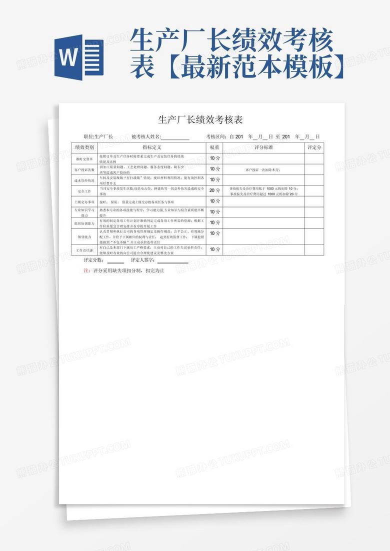 生产厂长绩效考核表最新范本Word模板下载 编号qzzdgmww 熊猫办公
