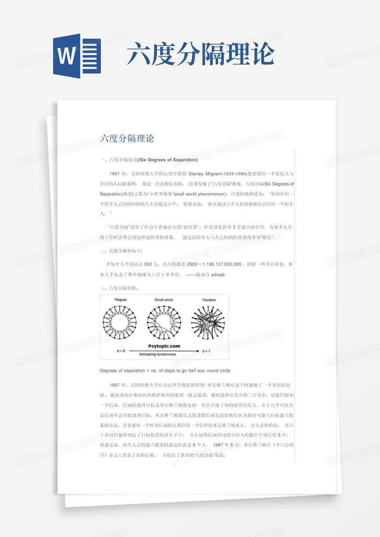 六度分隔理论Word模板下载 编号qzxpxwaa 熊猫办公
