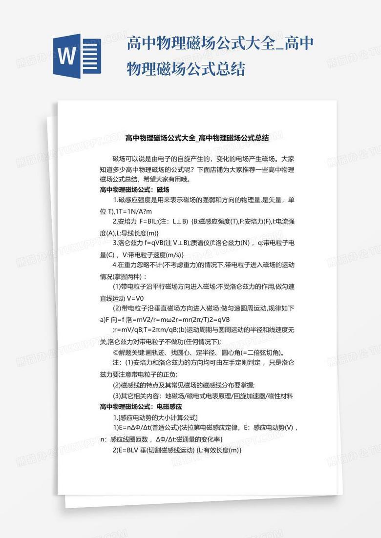 高中物理磁场公式大全 高中物理磁场公式总结Word模板下载 编号lwdrjery 熊猫办公